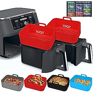 2 Pcs Air Fryer Silicone Liners Rectangular for Ninja Foodi Dual Reusable Silicone Airfryer Liner Rectangle Silicone Air Fryer Oven Basket (8.46 * 5.9 inch （10 QT）, DZ401 - Red)