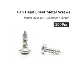 Qjaiune 100Pcs #2 x 1/4" Pan Head Sheet Metal Screws, 18-8 Stainless Steel Screws Full Thread Phillips Screws, Self-Tapping Screws for Wood Drywall Plastic
