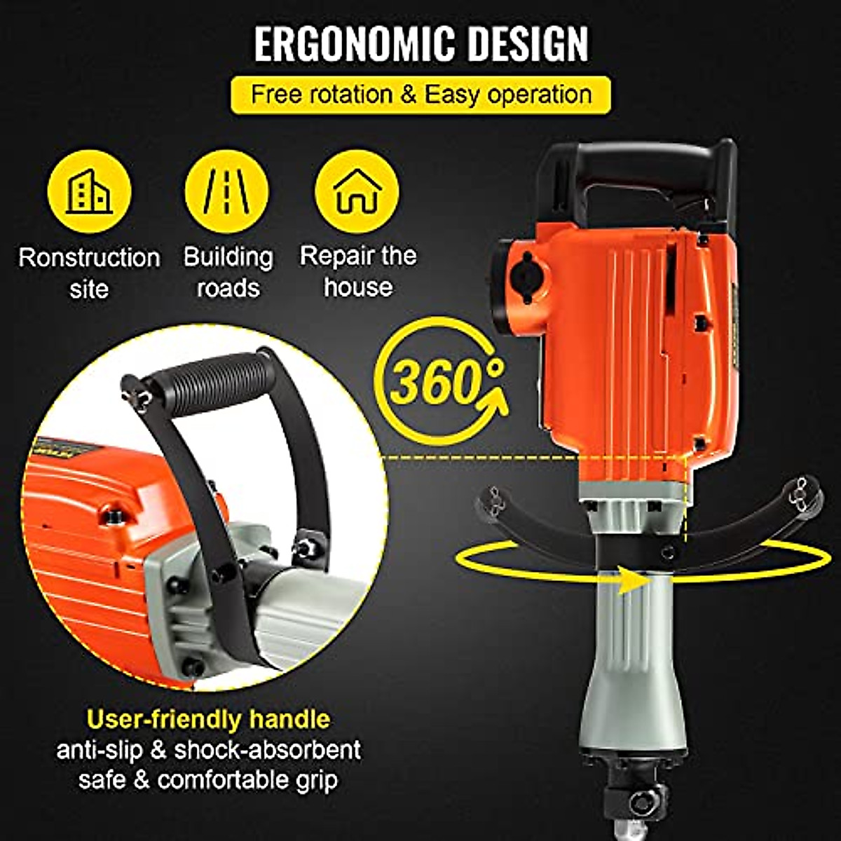 VEVOR Demolition Jack Hammer 2200W Jackhammer Concrete Breaker 1400 BPM Heavy Duty Electric Jack Hammer 6pcs Chisels Bit w/Gloves & 360°C Swiveling Front Handle for Trenching and Breaking Holes