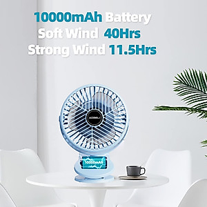 AOGELI Portable Fan,Small Clip on Fan,Clip Fan for Bed,Mini Desk Fan,10000 mAh Rechargeable Battery Operated Fan,3 Speeds Personal Fan,360°Rotate Clip Fan for Stroller Golf Cart Travel Camping Blue