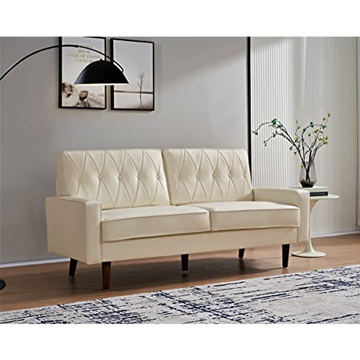 Container Furniture Direct Modern Style Faux Leather Sofa with Elegant Round Tapered Legs and Button Tufted Backrest Perfect for Living Room, Bedroom or Home Office, 69.3’’ Wide, White