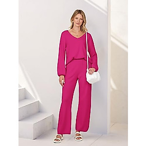 MEROKEETY Women's 2 Piece Outfits Long Sleeve V Neck Knit Pullover Tops and Wide Leg Pant Lounge Set,Rose,M