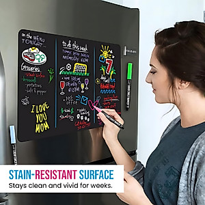Magnetic Black Dry Erase Board for Fridge: with Bright Neon Chalk Markers - 12x8" - 4 Liquid Blackboard Markers with Magnet - Small Whiteboard Chalkboard for White Refrigerator