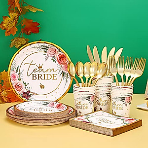 LOOWVY Bachelorette Party Supplies Gold Team Bridal Shower Paper Plates Cup Napkins Disposable Tableware Set for Engagement Wedding Party Bachelorette Party Favors Decorations,Serves 24