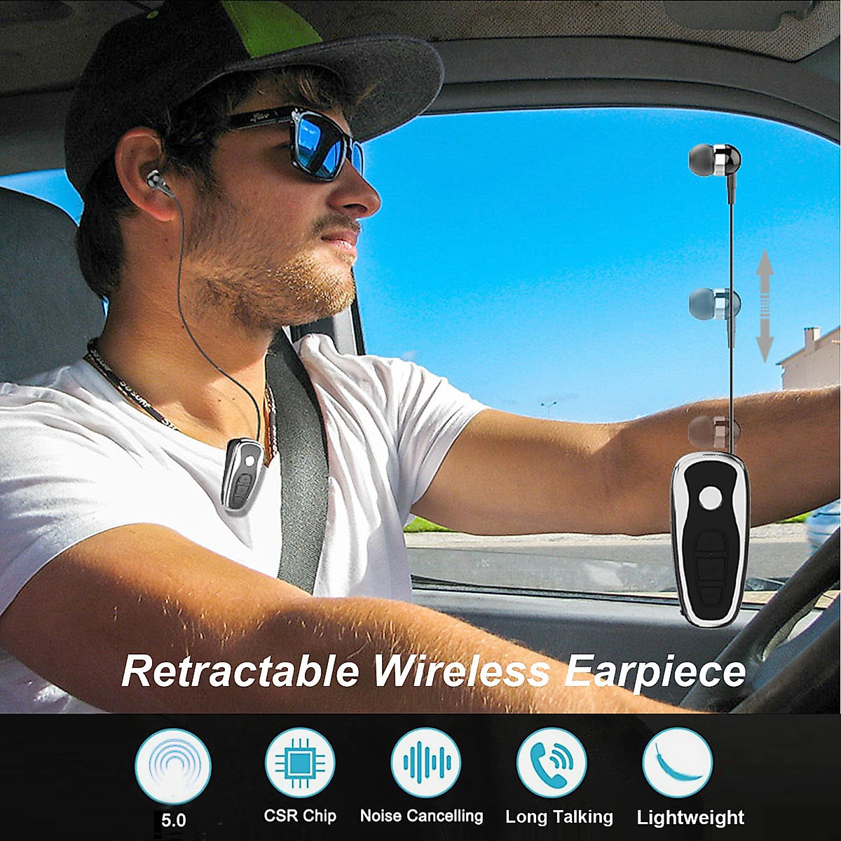 Retractable Wireless Headphone Headset Stereo Earphone lightweight V5.0 Noise Cancelling Mic Clip on Earpiece workout Sports running Business Trucker Driver Music Earbuds For Iphone android Phone