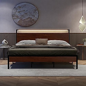 NNV Industrial King Size Bed Frame with Headboard Stoarge, Metal Platform Bed Frame with LED Lights and USB Ports, Sturdy and No Noise Easy Installation No Box Spring Needed, Mahogany