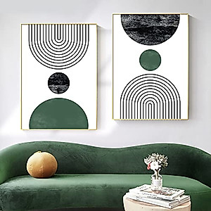 Mid Century Modern Wall Art Boho Abstract Painting Green Geometric Print Minimalist Boho Pictures Olive Green Poster Geometric Abstract Painting Black Line Boho Wall Art for Bedroom 16x24inx2 No Frame