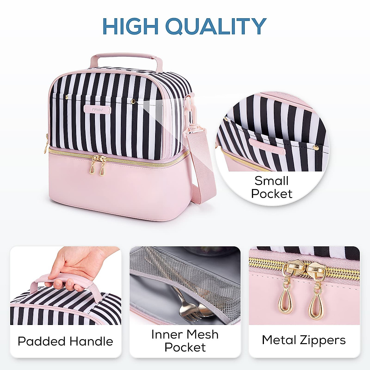 TOURIT Lunch Bag Women Double Deck Lunch Box Insulated Lunch Cooler for Women Men Work, Pink Stripes