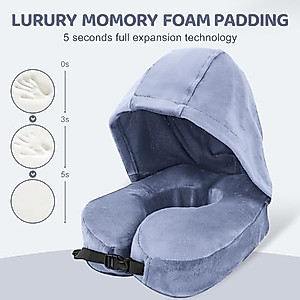 Flywish Travel Neck Pillow with Hood - Adult Travel Must Haves Airplane Hoodie Pillow, Premium Quality Memory Foam, Fit for Office, Car Ride, Sleeping. Kit with Earplugs, Luxury Bag(Mist, M)