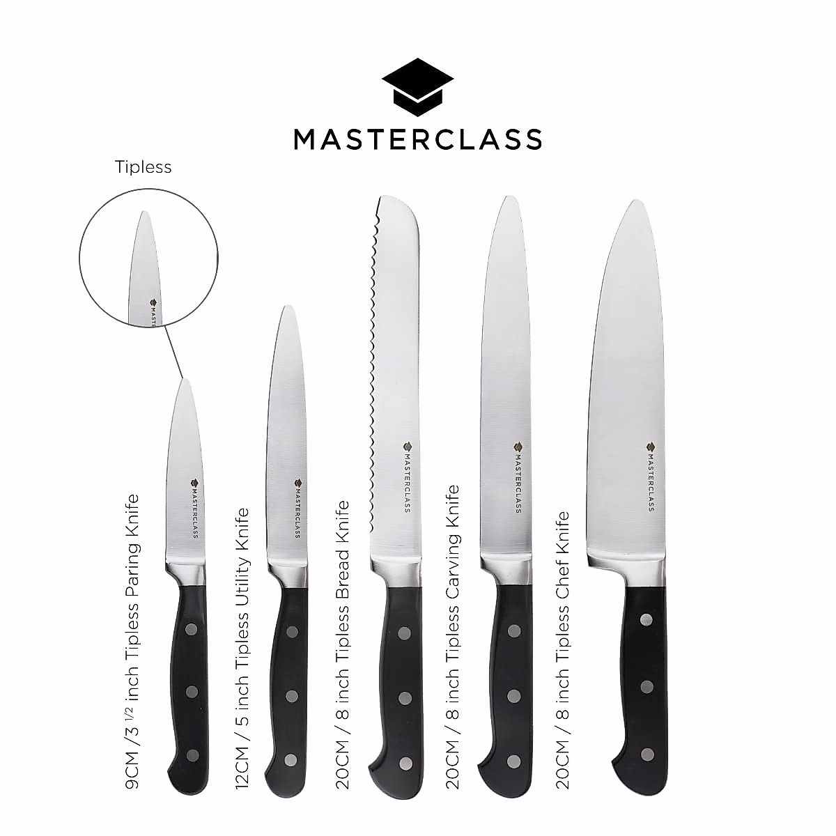 MasterClass Tipless Knife Block Set, 5 Pieces, Gift Boxed