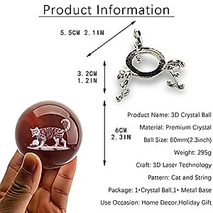 HDCRYSTALGIFTS 3D Crystal Ball with Silver-Plated Flowering Stand 2.4inch Laser Engraved Crystal Decorative Ball Glass Sphere for Home Decor Gift (Cat and String)