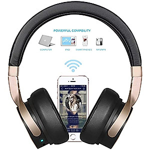 Riwbox BN5 Bluetooth Headphones Over Ear, Folding Stereo Headphones Wired Wireless with Mic Compatible for iPhone/iPad/TV/PC/Online Class/Home Office (Black&Gold)