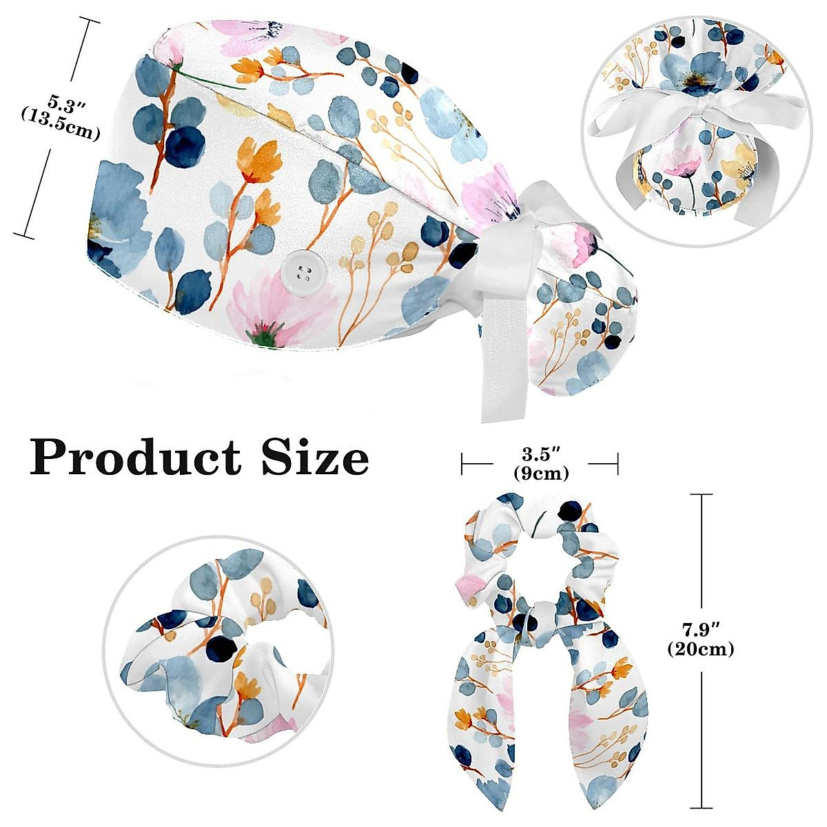 Adjustable Floral Design Scrub Cap, Working Hat Hair Cover with Ponytail Pouch, Soft Bouffant Surgical Nurse Cap