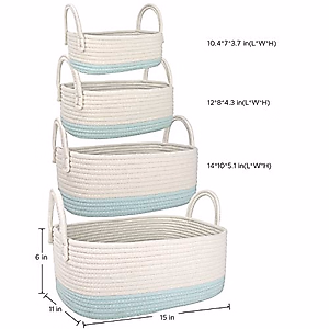 LA JOLIE MUSE 15 Inch Cotton Rope Woven Storage Basket Set of 4, Stackable Multipurpose Organizer Bins with Handles, White & Mint Green