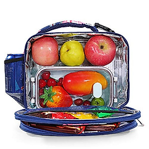 Amersun Kids Lunch Bag, Insulated School Lunch Bag with Padded Liner Keeps Food Warm Cold Longer Time,Thermal Travel Office Lunch Cooler for Teen Girls-2 Pocket,Blue Rose