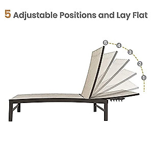 Crestlive Products Aluminum Adjustable Chaise Lounge Chair and Table Set Outdoor Five-Position Recliner, Curved Design, All Weather for Patio, Beach, Yard, Pool (Beige)