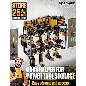 Spampur Power Tool Organizer, 8 Drill Holders Wall Mount, 3 Layer Heavy Duty Metal Storage for Garage Organization, Tools Storage with Hooks, Screwdriver Hammer Holder, Father's Day Men Gifts
