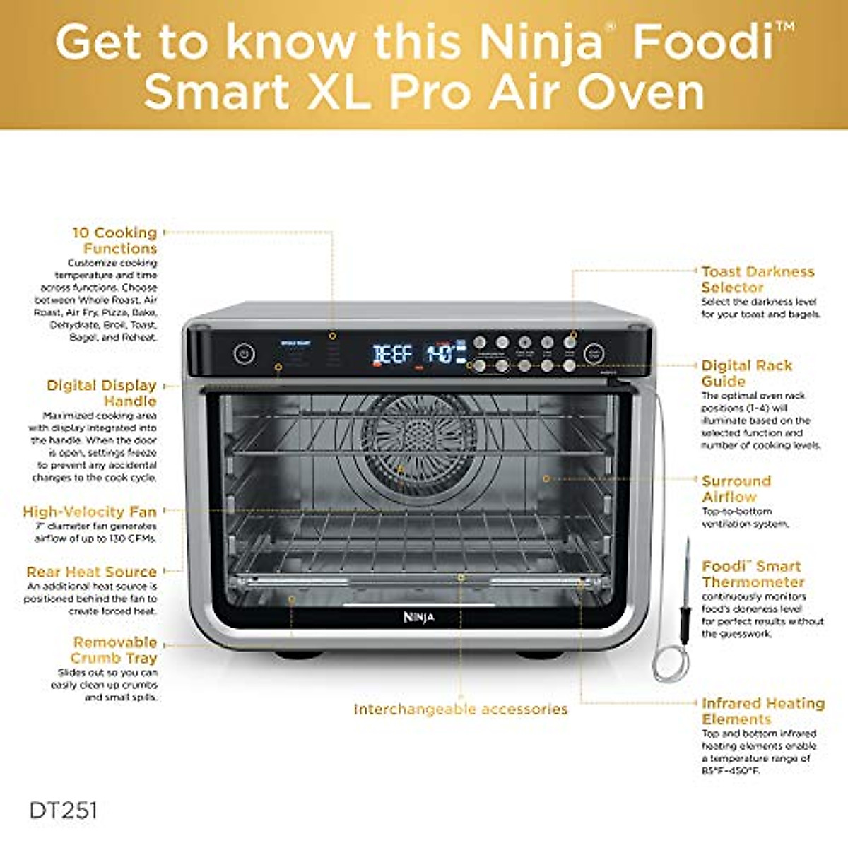 Ninja DT251 Foodi 10-in-1 Smart XL Air Fry Oven, Bake, Broil, Toast, Air Fry, Roast, Digital Toaster, Smart Thermometer, True Surround Convection up to 450°F, includes 6 trays & Recipe Guide, Silver