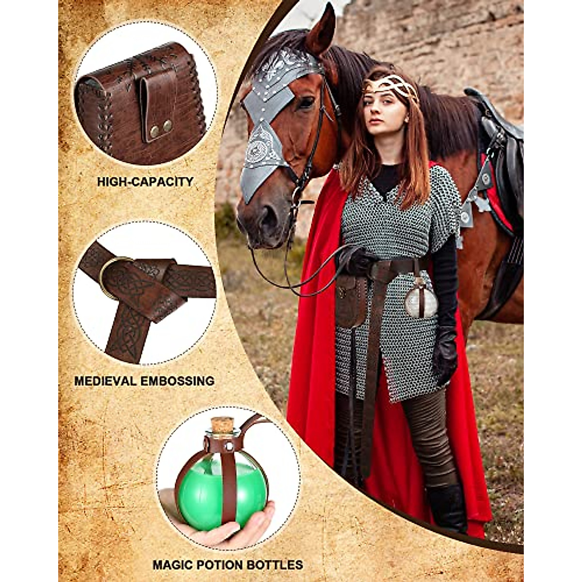 Jiuguva 3 Pcs Medieval Viking Belt Leather Renaissance Belt Pouch Cork Potion Bottle Medieval Bag Renaissance Accessories(Brown, Two Dragons)