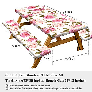 LALILO Pink Picnic Table Cover with Bench Covers, Rose Flower Waterproof Outdoor Table Cover, Floral Romantic Fitted Tablecloths for 6 Foot Rectangle Tables, 72In