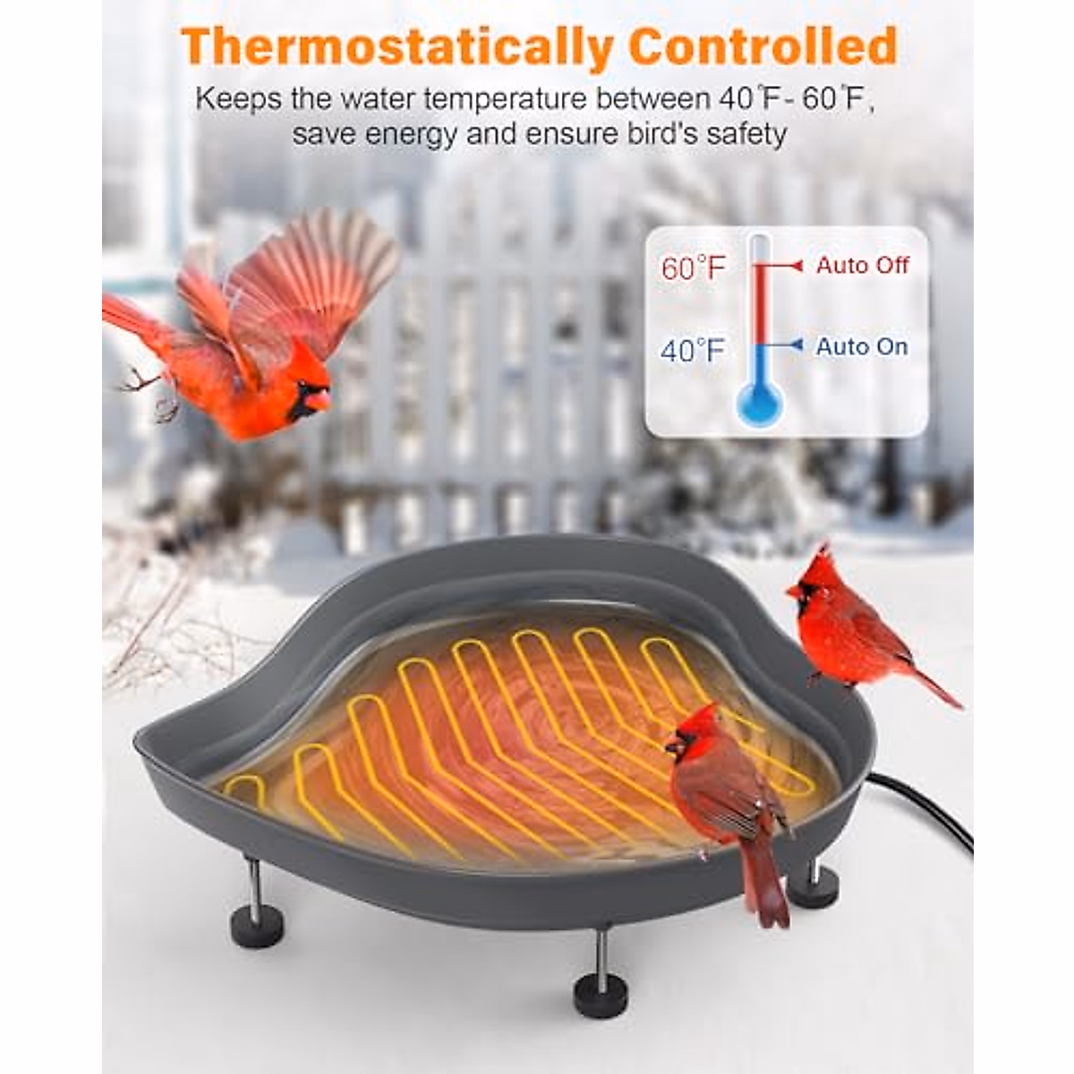 Heated Bird Bath for Outdoors for Winter - 60W Thermostatically Controlled Birdbath Heater for Winter with Large Capacity, All Seasons Available Bird Bath Heater for Outdoor in Winter Garden Yard