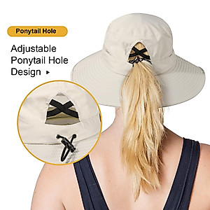 Waterproof Bucket Sun Hat for Women Wide Brim Breathable Mesh UPF50+ Safari Hat Criss Cross Ponytail Hole Outdoor Rain Hat Beige