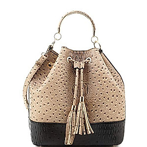 Boho Tassel Ostrich Print Vegan Leather Handle Bucket Handbag Satchel Wallet Set (Brown/Dark Brown)