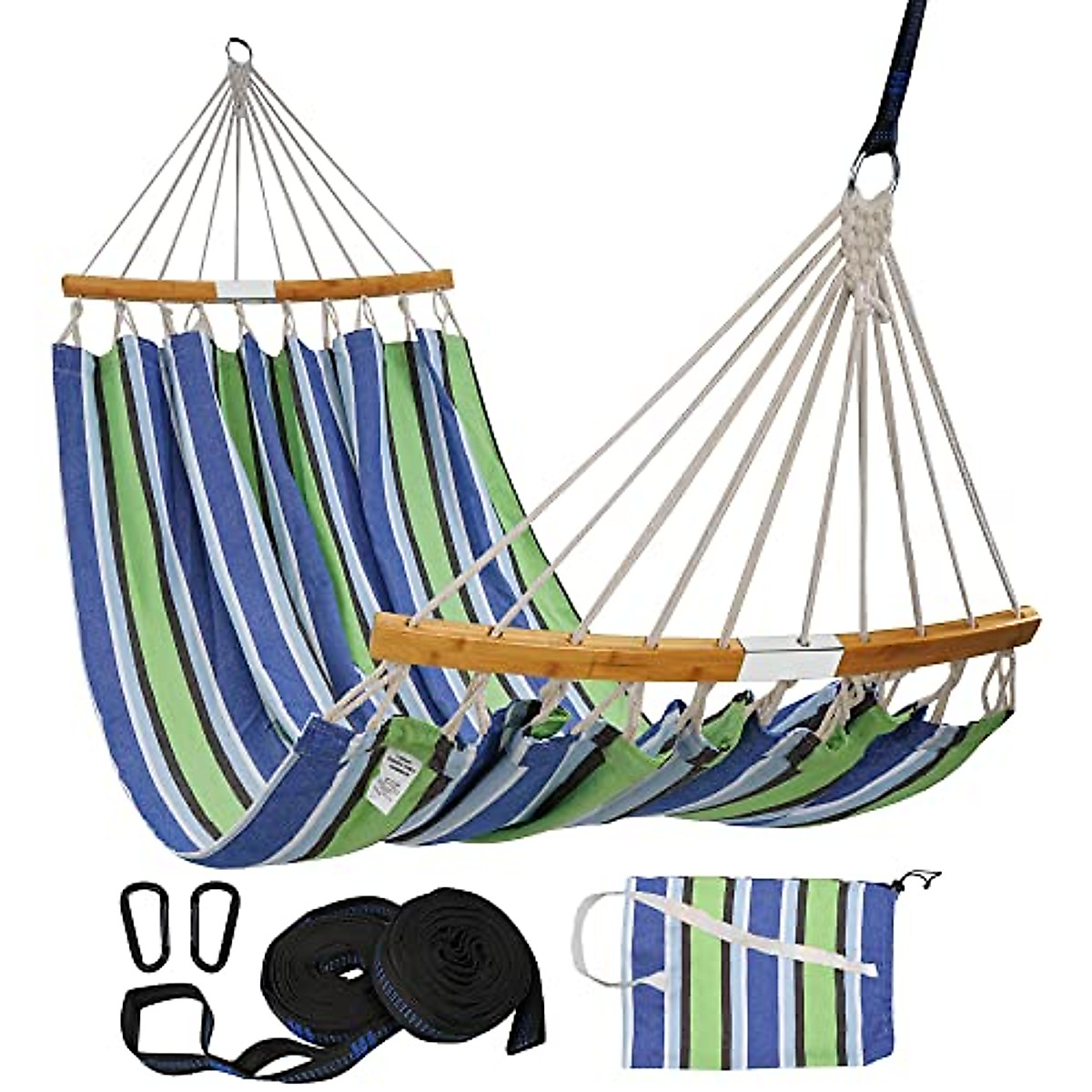 Lxoohy Portable Patio Double Hammock with Travel Bag, 2 Person Outdoor Hammock with Foldable and Curved Spreader Bar, D Rings and Tree Straps for Camping, Picnic, Backyard, Green Blue