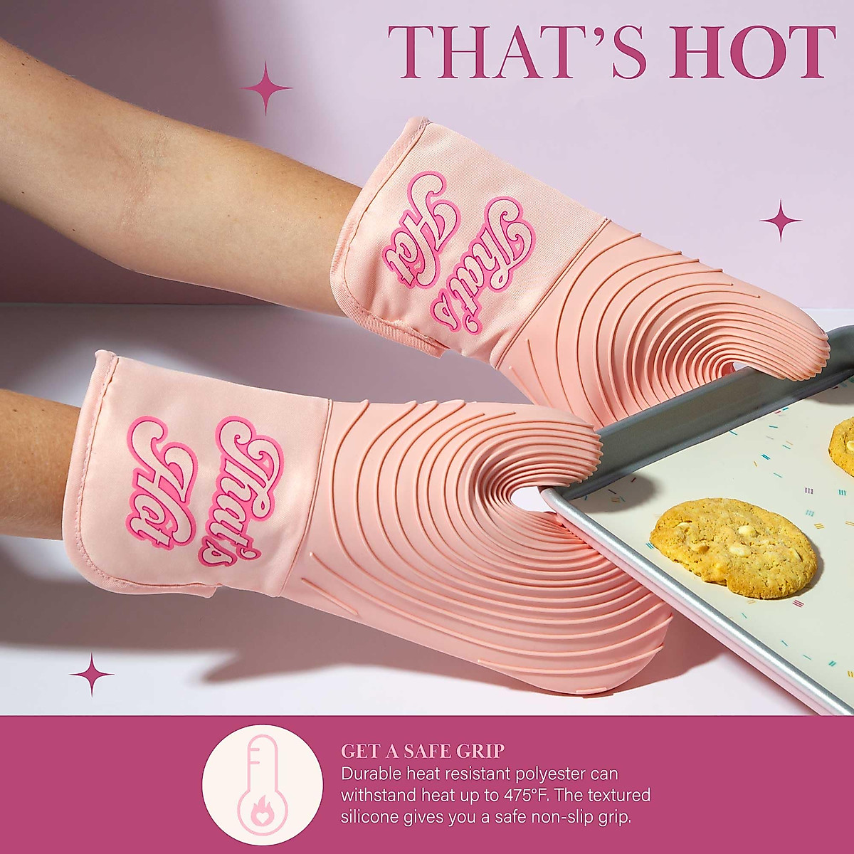 Paris Hilton That's HOT Pink Oven Mitt Set, Heat Resistant Pot Holders Featuring Non-Slip Textured Silicone Grips, 2-Piece Set, Pink