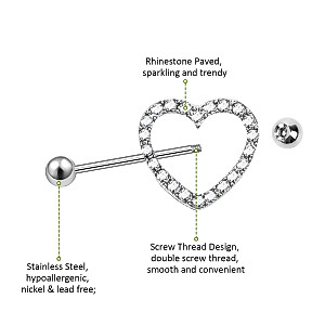 CrazyPiercing 2pcs Clear Gem Paved Heart Nipple Shield Ring 14GA 7/8" Length