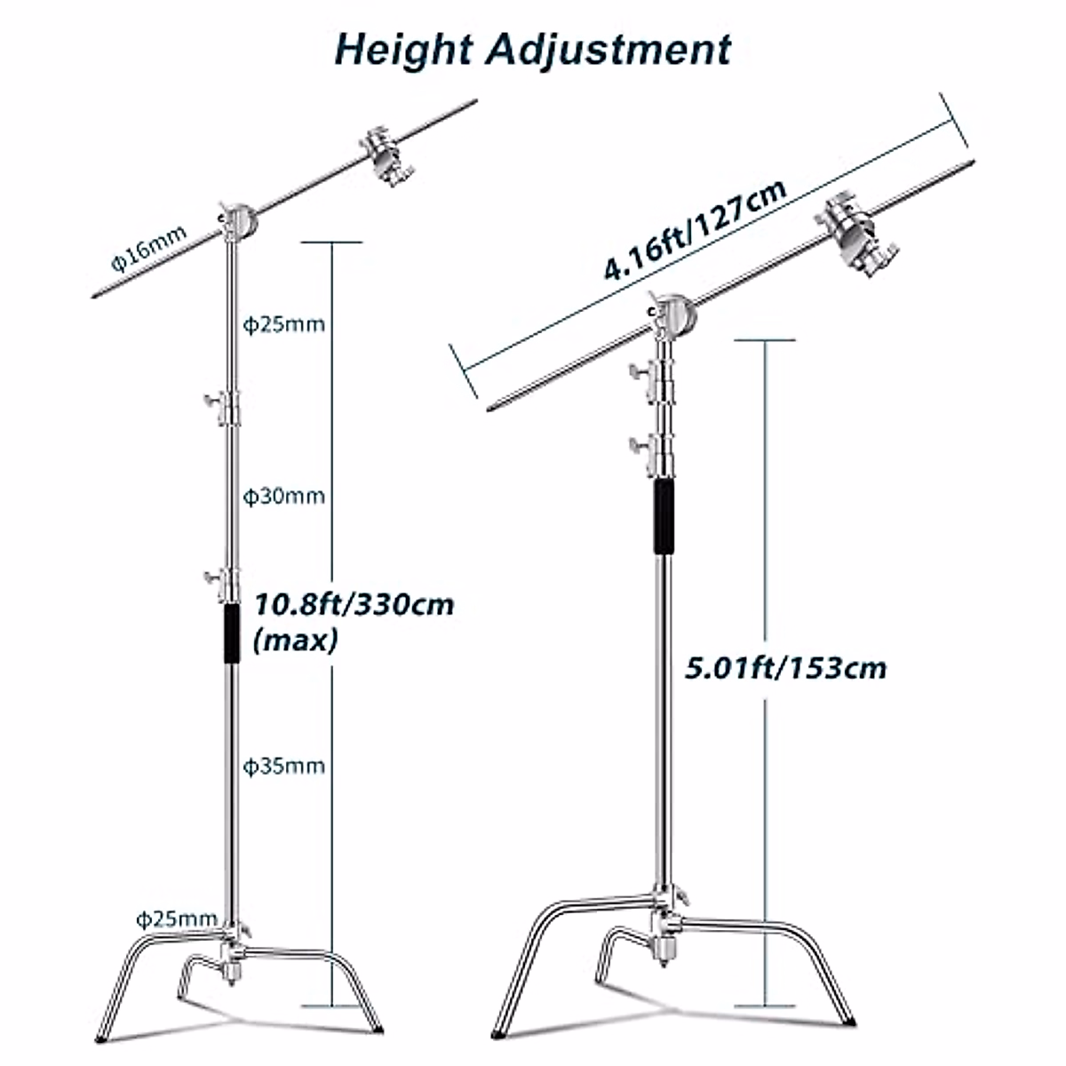 Altson Pro 100% Stainless Steel Heavy Duty C Stand with Boom Arm, Max Height 10.5ft/320cm Photography Light Stand with 4.2ft/128cm Holding Arm, 2 Grip Head for Studio Monolight, Softbox, Reflector