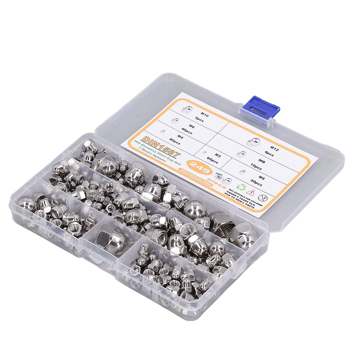 249Pcs Acorn Hex Cap Nuts Assortment Kit,M3‑M12 DIN1587 304 Stainless Steel Bright Finish