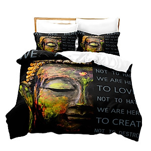 Buddha Bedding Set Adults Duvet Cover 3Pcs Black Duvet Cover Comforter Cover Room Decor Buddhism Quilt Cover Queen/King Size Duvet Cover Sets (Queen)