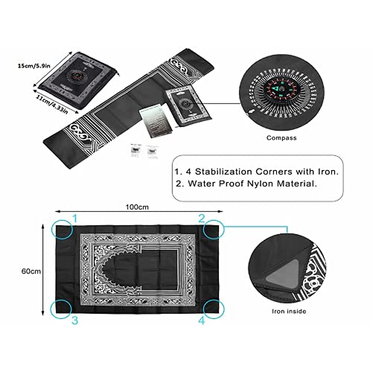Anlising 2 Pieces Portable Travel Prayer Mat with Compass, Waterproof Polyester Prayer Rug, Muslim Travel Prayer Mat, for Ramadan Gifts (60cm×100cm)