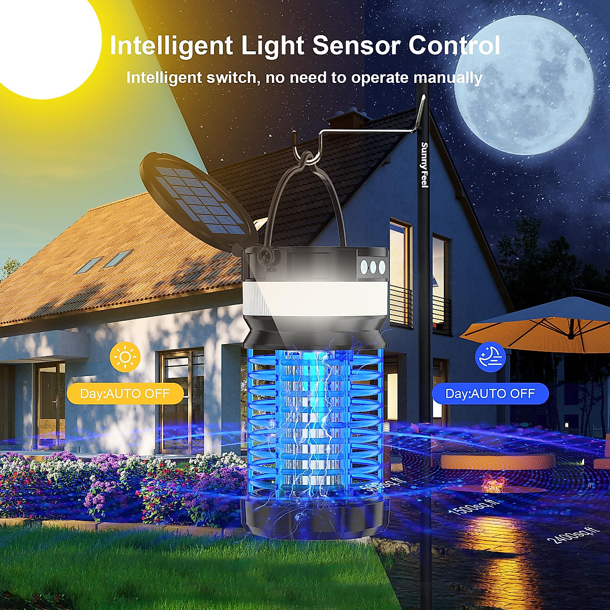 Solar Bug Zapper for Outdoor & Indoor,4200V Mosquito Zapper Waterproof Fly Trap,Portable Rechargeable Mosquito Killer with LED Light for Home,Kitchen,Backyard,Camping (Black-Blue)