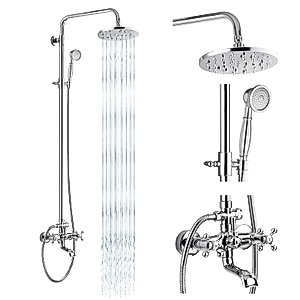 gotonovo Exposed Shower Faucet Set 8 Inch Rainfall Showerhead 3-Function Shower Fixture with Tub Spout 2 Corss Handles Shower System Polish Chrome