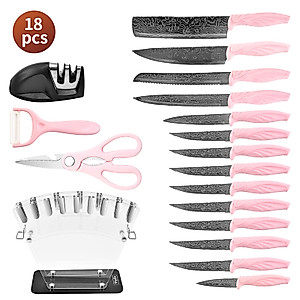 Damascus Knife Set 18Pcs Non Stick Sharp Kitchen Knives Set with Acrylic Block Cutlery Knives Block Set Chef Quality Best Gift Pink Handle