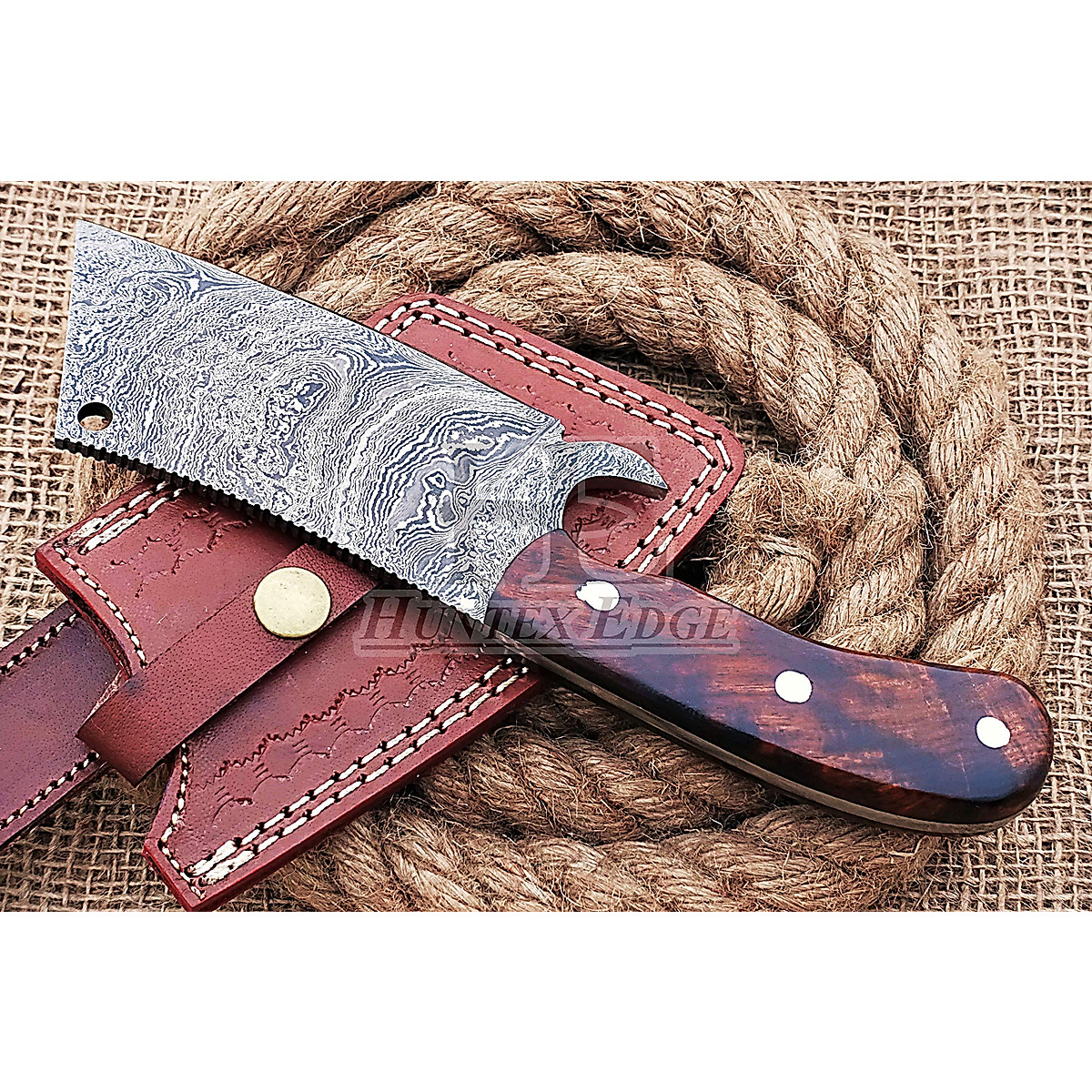 HUNTEX Handmade Hand-Forged Twist Pattern Damascus Steel 9 Inch Long Full Tang Walnut Wood Handle Razor Sharp Hunting Camping Cleaver Knife w/Genuine Leather Sheath