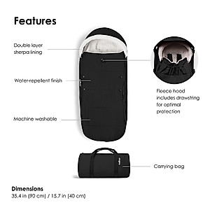 Stokke BABYZEN YOYO Footmuff, Black - Sherpa Lining & Fleece Hood with Drawstring to Keep Baby Warm - Includes Carrying Bag - Machine Washable