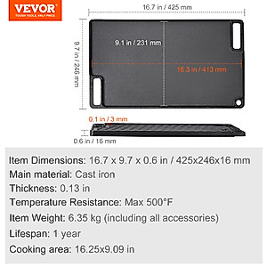 VEVOR Reversible Grill/Griddle, 9.7"x16.7" Pre-Seasoned Cast Iron Griddle, Rectangular Double Burner Griddle Pan, Non-Stick Family Pan Cookware with Handles, Flat Top Plate for BBQ, Gas Grill, Black