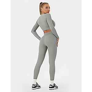 Buttergene Women Workout Sets 2 Pieces Long Sleeve Yoga Outfits Gym Clothes Seamless Ribbed Crop Top High Waist Leggings