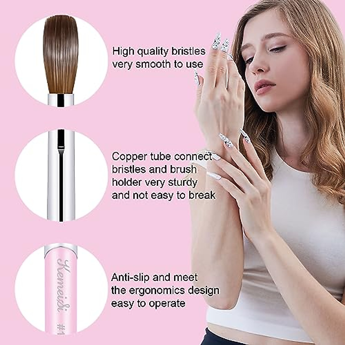 KEMEISI Acrylic Nail Brush Size #10, 100% Pure Kolinsky Nail Art Brushes for Acrylic Application, Sturdy Handle Oval Shaped Acrylic Powder Nail Design Tools for Professional Manicure DIY