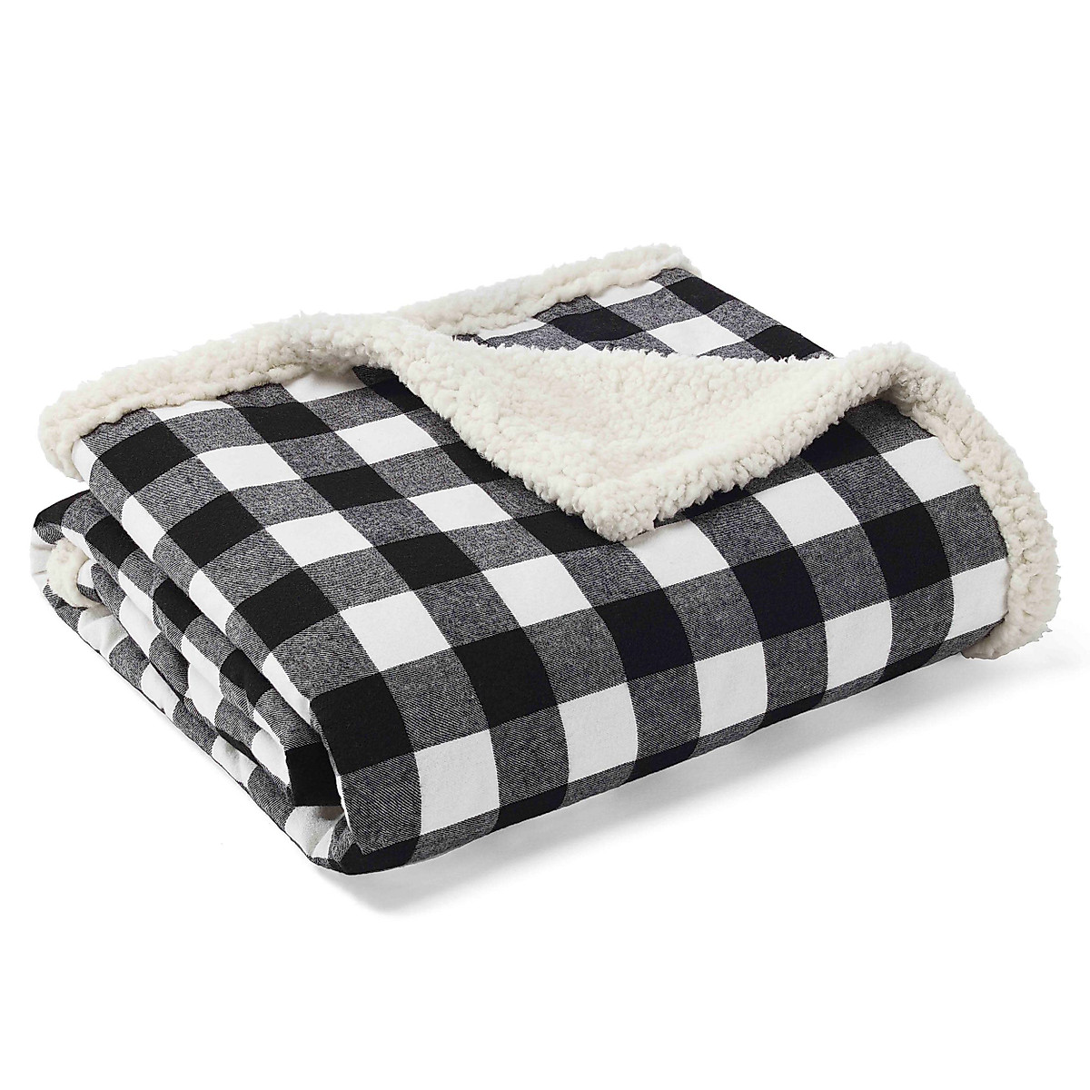 Eddie Bauer Throw Blanket with Pillow Reversible Flannel/Sherpa Bedding, Buffalo Plaid Home Decor for All Seasons, 2 Piece Set, Black/White Check