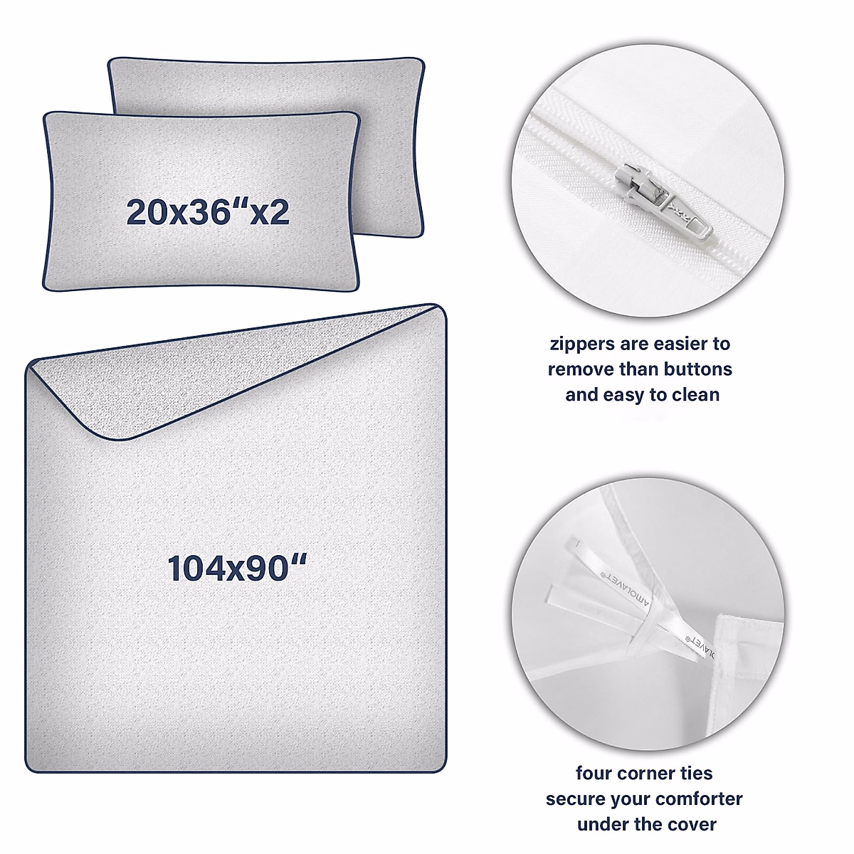 Amolavet Hotel Collection Duvet Cover King Size 100% Cotton Satin White Striped with Zipper Closer Comforter Cover King Size 3 Pcs Set 104x90 Inches (1 Duvet Cover & 2 Pillow Shams) King Quilt Cover