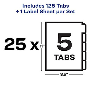 Avery 5 Tab Unpunched Dividers for Use with Any Binding System, Easy Print & Apply Clear Label Strip, Index Maker Customizable White Tabs, 25 Sets (11443)