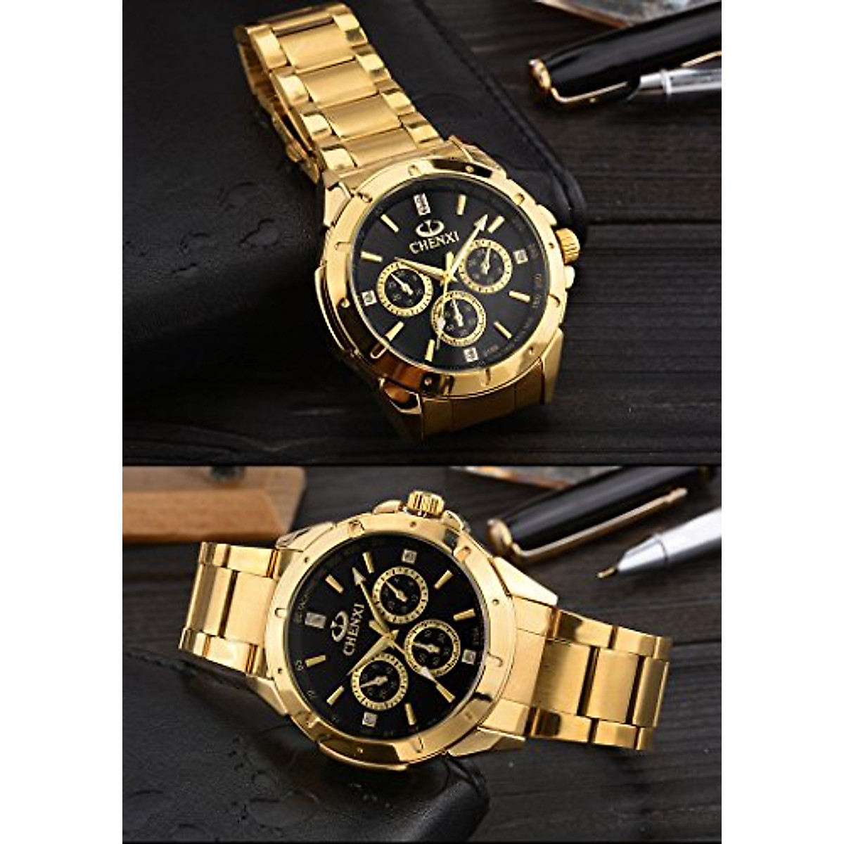 DREAMING Q&P Gold Men's Luxury Wrist Watches for Man,Black Face Stainless Steel Classic Business Golden Series Watch