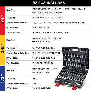 RIMKOLO 92-Piece Allen and Torx Bit Socket Set, 1/4" 3/8" and 1/2" Drive Torx/Tamper Proof Torx/Hex SAE & Metric Bit Set