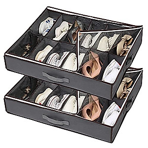 VINIKE Under Bed Shoe Storage Organizer 2 Set Fits Total 24 Pairs Clear Foldable Shoes Organizer with Reinforced Handles and Clear Top Cover for Kids & Adults Underbed Shoes Storage Containers (Grey)