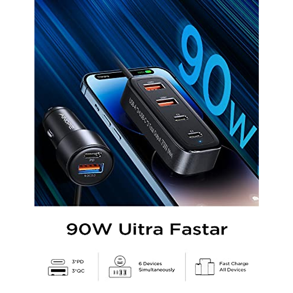 AINOPE 90W USB C Car Charger 6-Port, Super Fast USB Car Charger Fast Charging, PD 30W & QC3.0 Cigarette Lighter Car USB Charger Multi Port with 5FT Cable for iPhone 14/iPad Pro/Samsung S23 Ultra