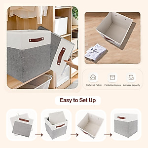 KELAISHU Storage Cubes, 11 Inch Foldable Storage Bins Linen Fabric Bins with Double Handles and Cardboard, Storage Box for Organizing Shelves Closet Toy Clothes, Grey & White, 11x11x11, 4 Pack